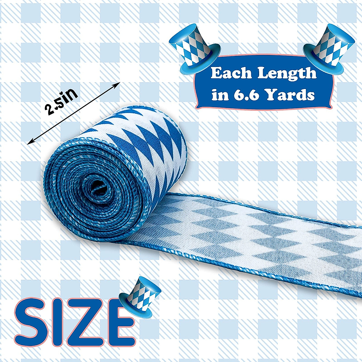 Wehhbtye 20 Yard Oktoberfest Wired Edge Ribbon - 2.5Inch Blue and White Diamond Check Wired Edge Ribbon Oktoberfest Bavarian Gingham Decorative Ribbon for DIY Craft Wrapping Bow Home Party Decor