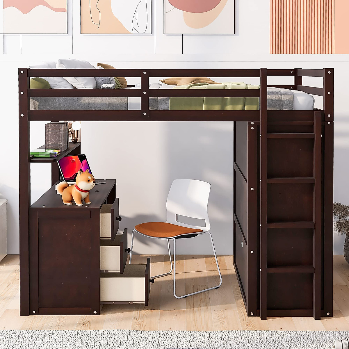Merax Loft Bed Full Size Adult, Wooden Frame with Desk and Storage, Space-Saving Design with Wardrobe & 3 Drawers, for Teen Girls & Boys(Espresso)