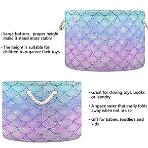 MNSRUU Storage Basket 20"x14" Pink Blue Mermaid Scales Collapsible Organizer Basket with Handles, Fabric Nursery Laundry Basket Large Capacity