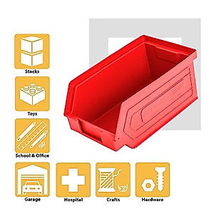 24 Pack Small Storage Bin, Wall Mount Storage, Hanging and Stacking Bin, Freestanding | 7” x 4” x 3” Plastic Container | Red | Zeus 1PLZ03 | StorageCompat
