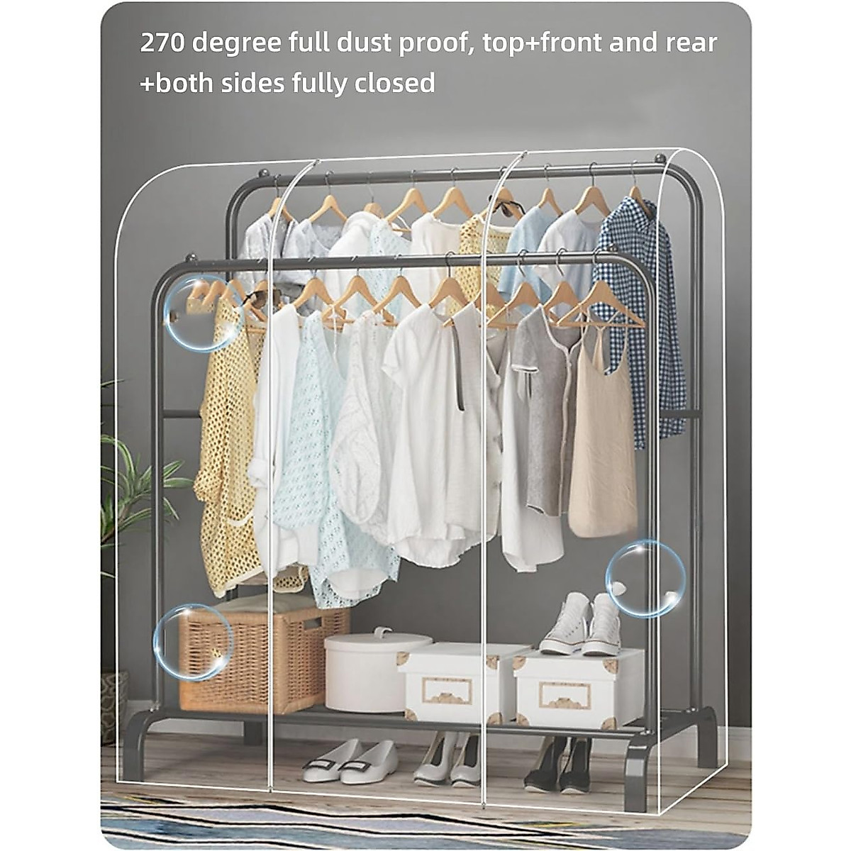 Senvitate Garment Rack Cover, Transparent PEVA Clothes Rack Cover with 2 Smooth Zipper, Clothing Dustproof Waterproof Protector Cover (47X20X59-Clear)