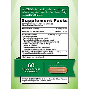 Nature's Truth Turmeric Curcumin 1500 mg | 60 Capsules | with Black Pepper Extract, Olive Leaf & Tart Cherry | Non-GMO, Gluten Free Supplement