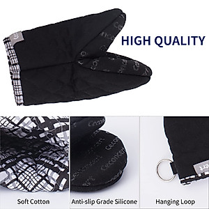 Oven Mitts, 2pcs Kitchen Mitts for Oven, Oven Mitts Heat Resistant with Silicone Non-Slip Grip and Hanging Loop, Oven Gloves to Protect Hands for Cooking, Baking and Grilling(Black)