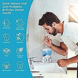 TUREWELL Water Dental Flosser for Teeth/Braces, Water Teeth Cleaner Pick 8 Jet Tips and 10 Pressure Levels, 600ML Large Water Tank Oral Irrigator for Family(White)
