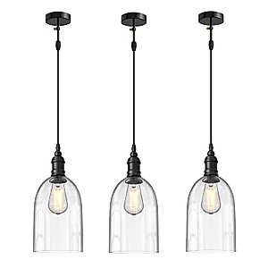 WINSOON Mini Pendant Lights, Single Hanging Ceiling Light Fixture Clear Glass for Kitchen Island, Adjustable UL Listed 59 Inch Cord, E26/E27 Base(40W max.), Vintage Oval Shape, Black,3 Pac