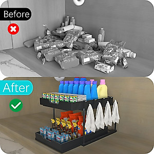 THEYFIRST 2 Pack Under Sink Organizers and Storage 2-Tier Double Sliding Pull-out Drawer, Under the Sink Organizer Kitchen Multi-purpose Under Bathroom Sink Shelf Storage Rack for Cabinet -Black