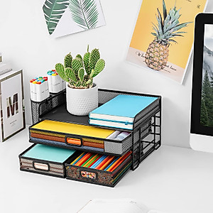 Marbrasse 3 Tier Mesh Desk Organizer with Drawer, Multi-Functional Desk Organizers and Accessories, Paper Letter Organizer with 2 Pen Holder for Home Office Supplies - Black