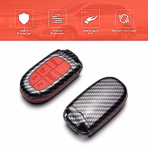TANGSEN Smart Key Fob Case Compatible with Dodge RAM Jeep Cherokee 3 4 5 Button Keyless Entry Remote Control Accessories Personalized Double Protective Cover Plastic Carbon Fiber Pattern Red Silicone