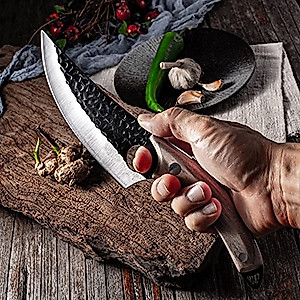 OYEZI Viking Knives Forged Butcher Knife 6'' High Clad Steel Boning Hunting Camping Tool Handmade Meat Cleaver with Leather Cover