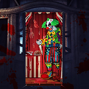Halloween Decorations Large Evil Clown Door Cover Fabric Halloween Door Banner Backdrop Background Clown Theme Front Door Cover for Halloween Party Haunted House Photo Props Supplies, 70.9 x 35.4 Inch