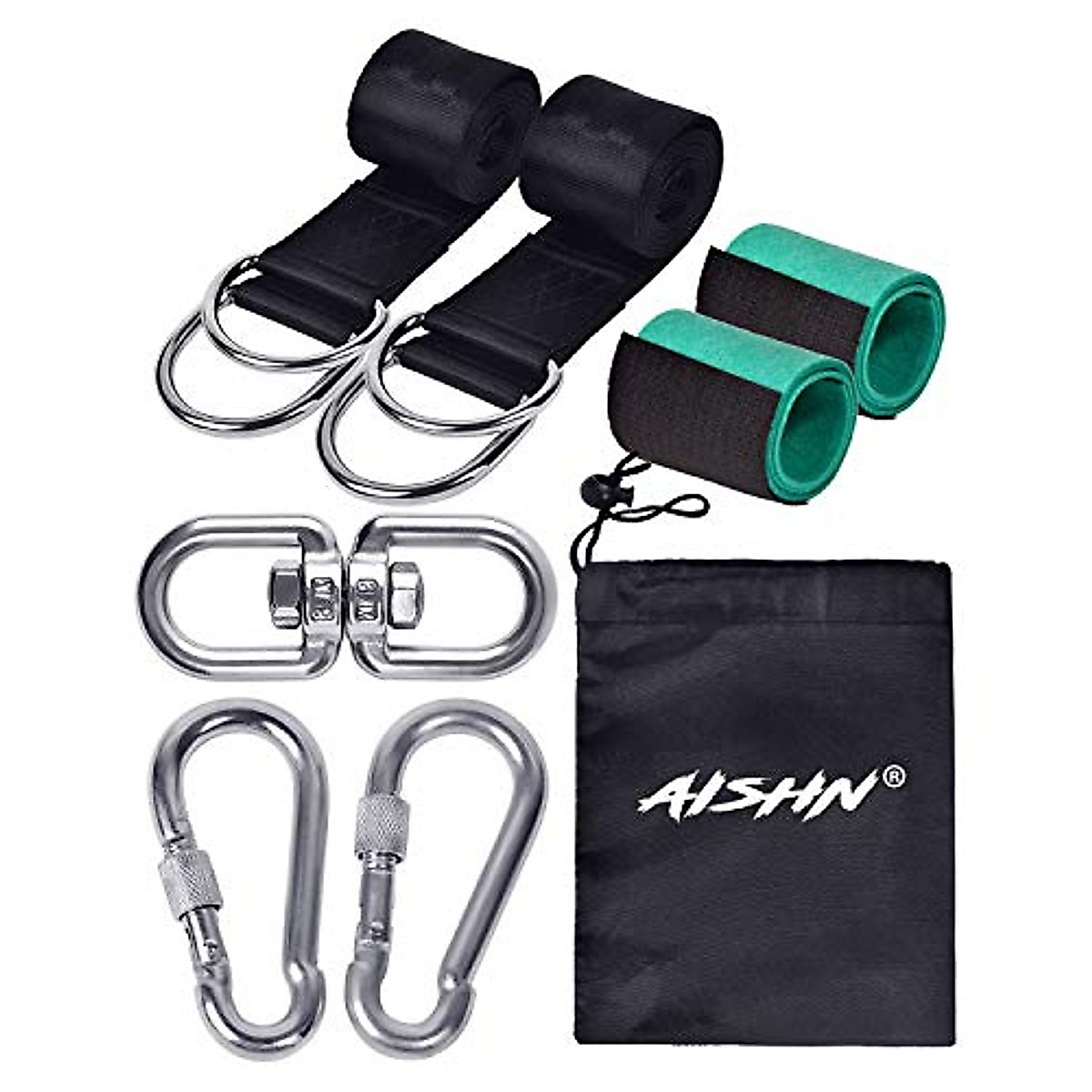 AISHN Tree Swing Straps Hanging Kit, Adjustable Hammock Straps(Set of 2), 2200Lbs Break Strength. 5ft Long with Tree Protector Sleeves, Swivel Strong Stainless Hook, Rustproof Screw Lock Carabiners