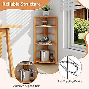 Giantex 4-Tier Corner Shelf, 34" Bookshelf with Rubber Wood Frame, Anti-Toppling Kit, Freestanding Storage Shelf, Corner Display Rack Plant Stand for Living Room, Study, Bedroom, Home, Natural