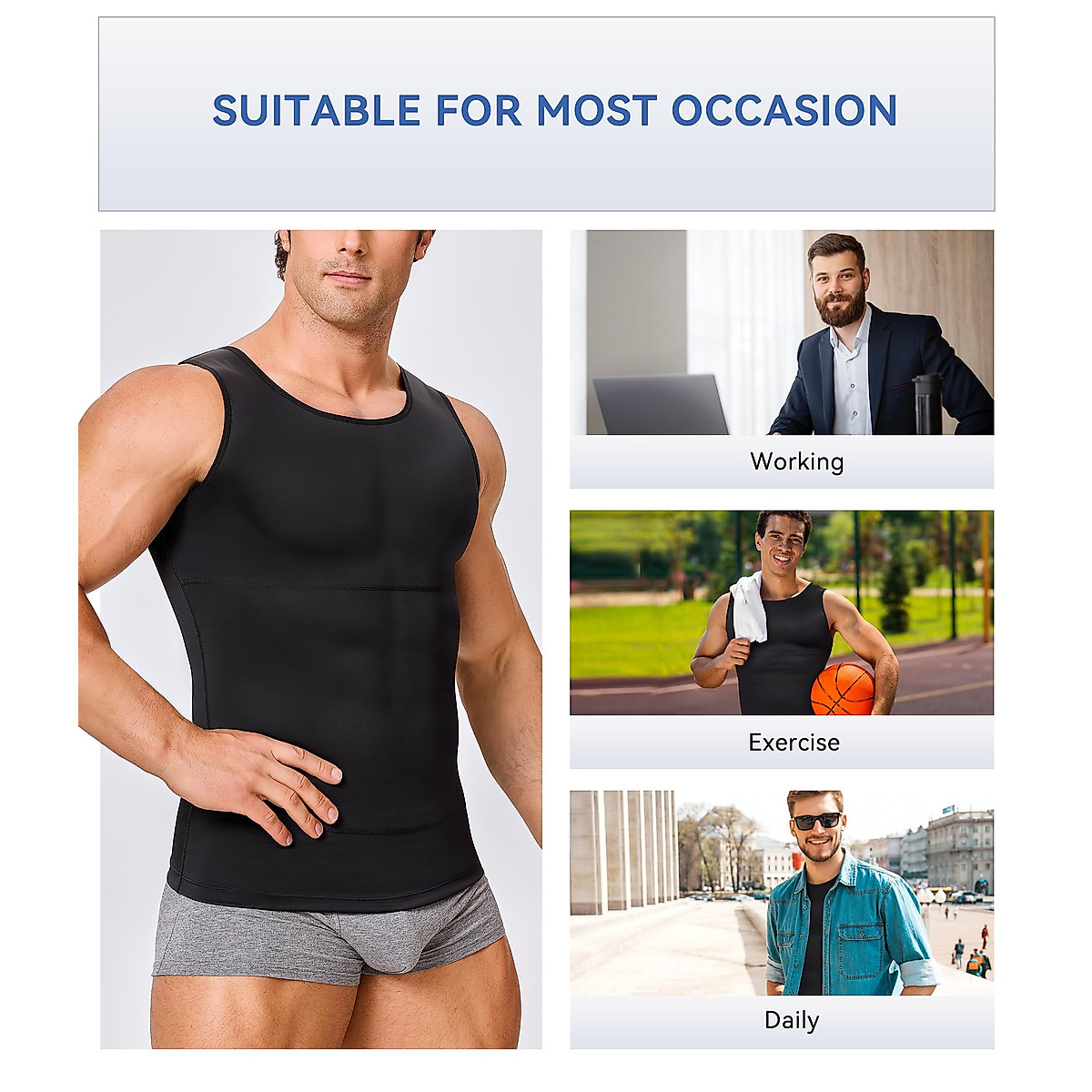 Mens Compression Shirt Slimming Body Shaper Vest Workout Tank Tops Abs Abdomen Undershirts(Black, L)