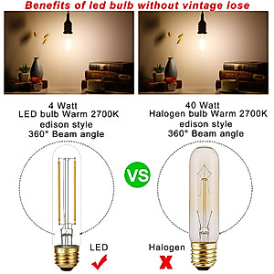 LiteHistory Dimmable E26 LED Bulb 4W Equal 40 Watt Warm White 2700K E26 Edison AC120V 400lm Tubular T9 T10 LED Light Bulb for Rustic Pendant,Chandeliers,Wall sconces 6Pack