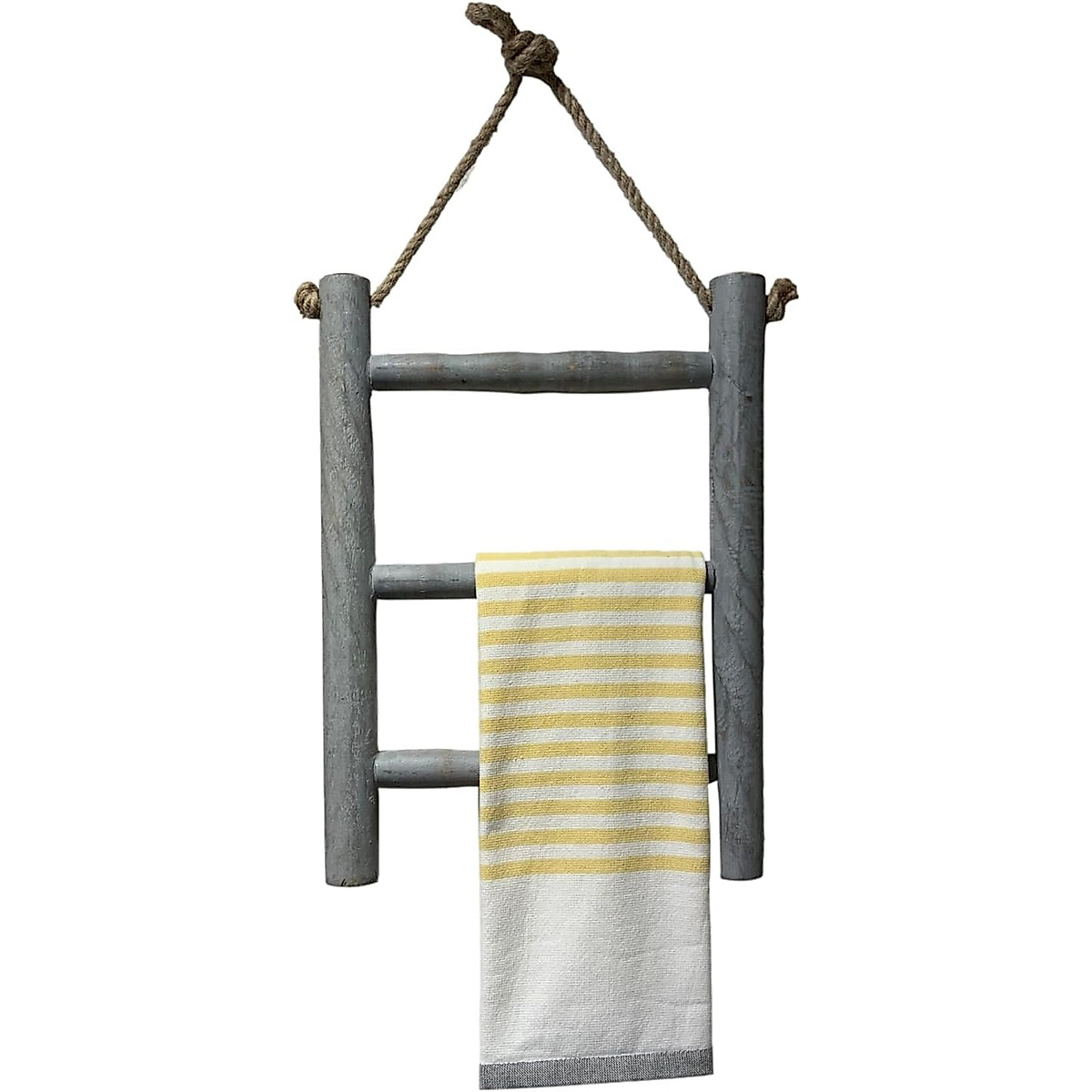 Rustic Handmade Mango Wood Wall Hanging 3 Tier Hand Towel Ladder Rack, Bathroom Towel Storage Rack with Top Jute Rope Hanger 23" H (Gray)