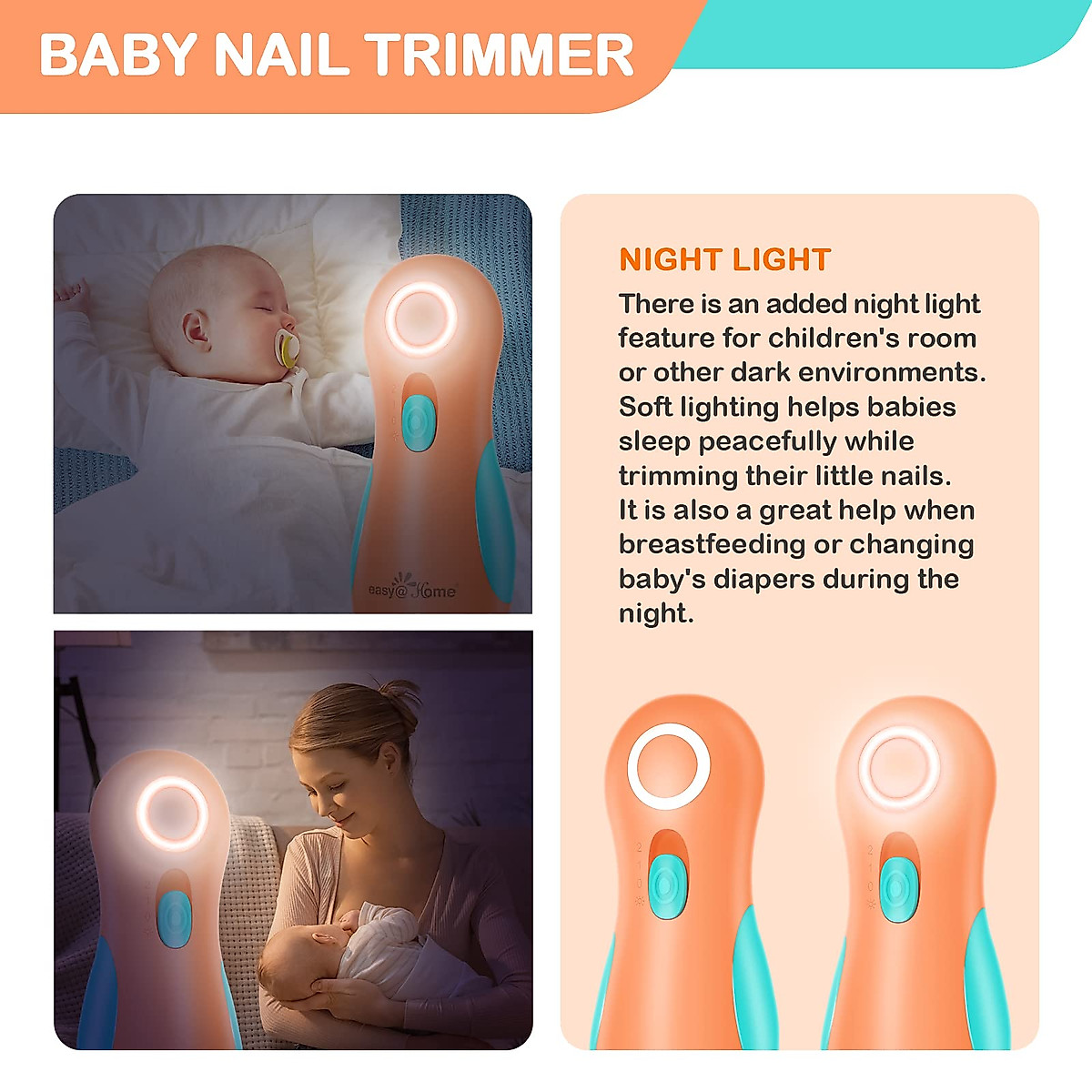 Electric Baby Nail File Trimmer: Easy@Home Safe Nail Clippers Kit - Baby Nail Clippers with 6 Grinding Heads and LED Light for Newborn Toddler Kids or Adults | Fingernails Care Trim ENT019