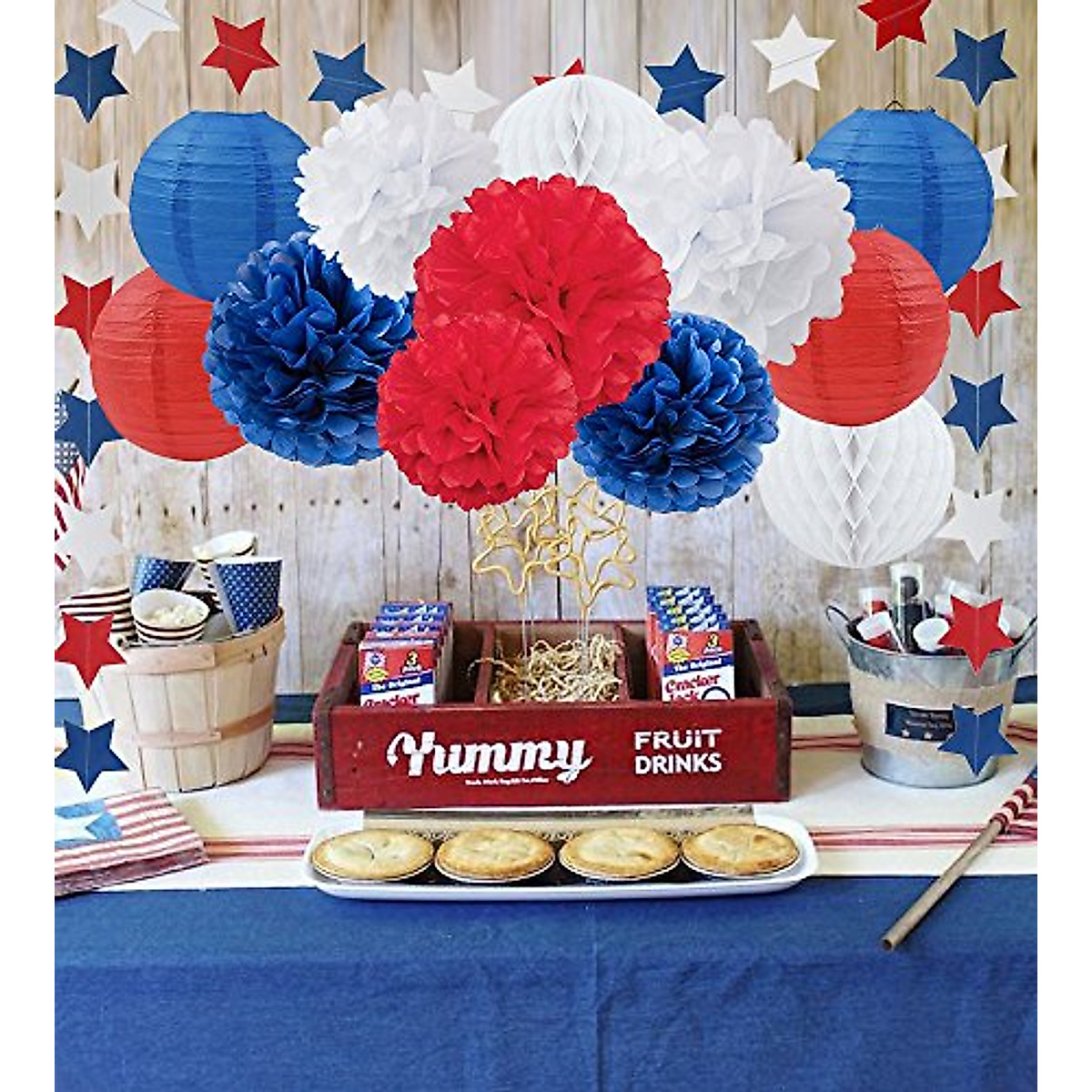 Labor Days Party Decorations Veterans Day Party Decorations Patriotic Decorations Navy White Red Tissue Pom Poms Paper Lanterns Paper Honeycomb Ball Blue Red White Paper Star Garland Party Supplies