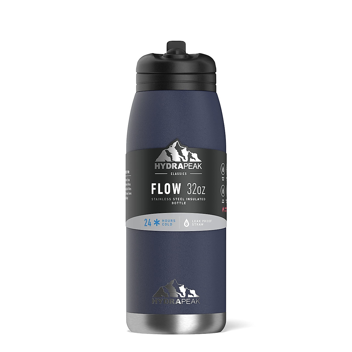 Hydrapeak Flow 32oz Insulated Water Bottle with Straw Lid, Waterbottle, Metal Water Bottle, Insulated Stainless Steel Water Bottles, BPA-Free & Leak-Proof, Straw and Handle (Navy)