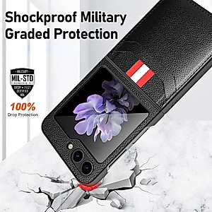 Elegant Faux Leather Galaxy Z Flip 5 Case with Free Built-in Card Holder & Screen Film, Compatible with Samsung Z Flip 5, Stylish, Premium Leather Cover Shockproof for Men & Women (Blue)