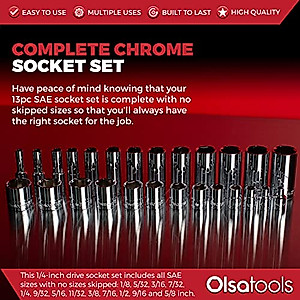 Olsa Tools SAE Socket Set (13pc) | 1/4-Inch Drive | 6-Point Deep Socket Set | Standard Imperial Sizes from 1/8" to 5/8" | Mechanic Fractional Socket Sets | Long Chrome Sockets | Professional Grade