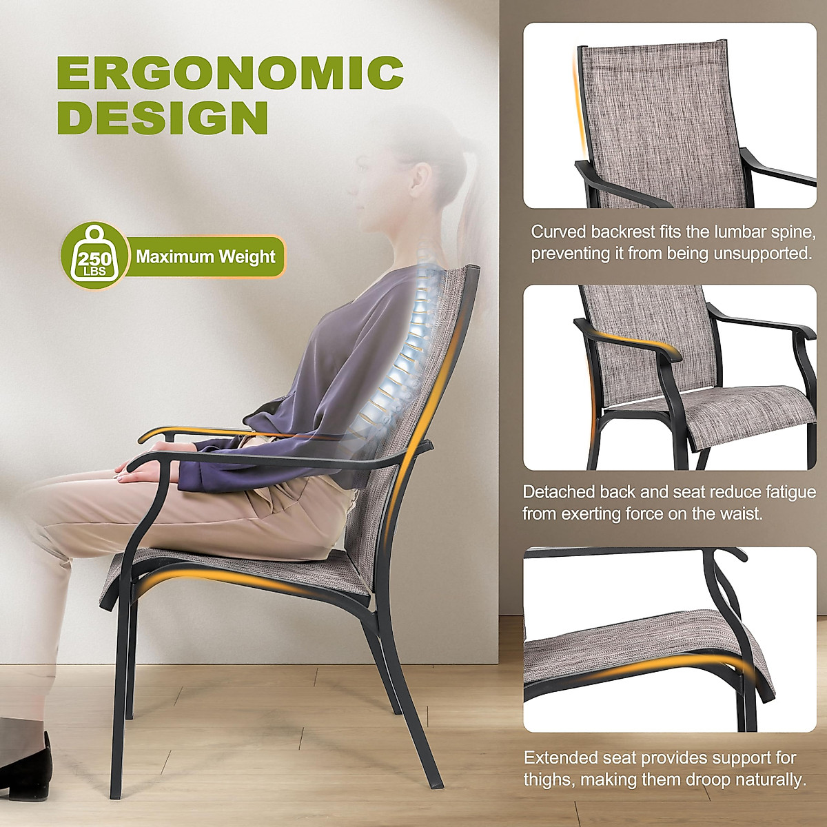 NUU GARDEN Patio Dining Chairs Set of 2,Aluminum Outdoor Dining Chairs Lightweight Stackable Textilene Patio Dining Chair with Armrest for Lawn Garden Backyard Pool,Grayish Brown