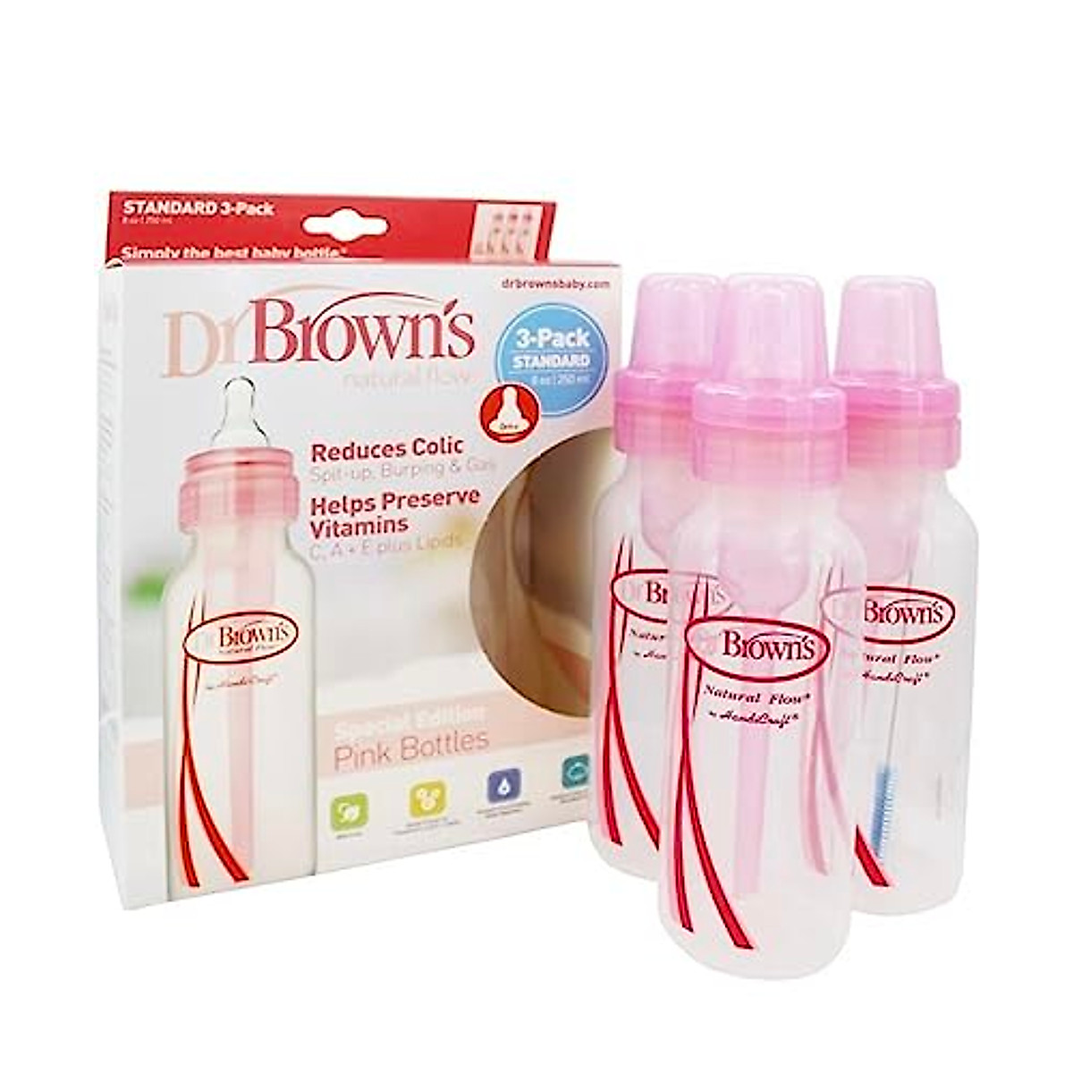 Dr. Brown's BPA Free Baby Bottles 8 Oz. - Pink - 3 Pack