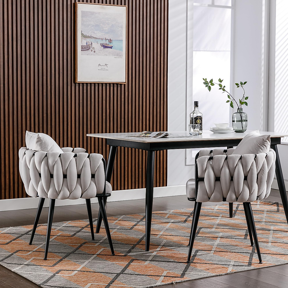 Gecheer Pure Ivory Modern Velvet Dining Chairs Set of 2 Hand Weaving Accent Chairs Living Room Chairs Upholstered Side Chair with Black Metal Legs for Dining Room Kitchen Vanity Living Room