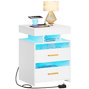 YITAHOME LED Nightstand with Wireless Charging Station, USB & Type-C Ports, Smart Night Stands with 2 Drawers for Bedroom, Modern Bedside Tables with Embedded LED Light Strip, Human Body Induction