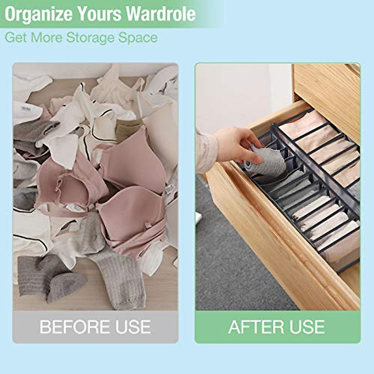 ABC life 3Pcs Underwear Drawer Organizer Set, Foldable Sock Bra Underpants Organizer Drawer Divider, Washable Closet Cabinet Storage Boxes for Clothes, Stockings, Ties and Bras (6+7+11 Grid, Grey)
