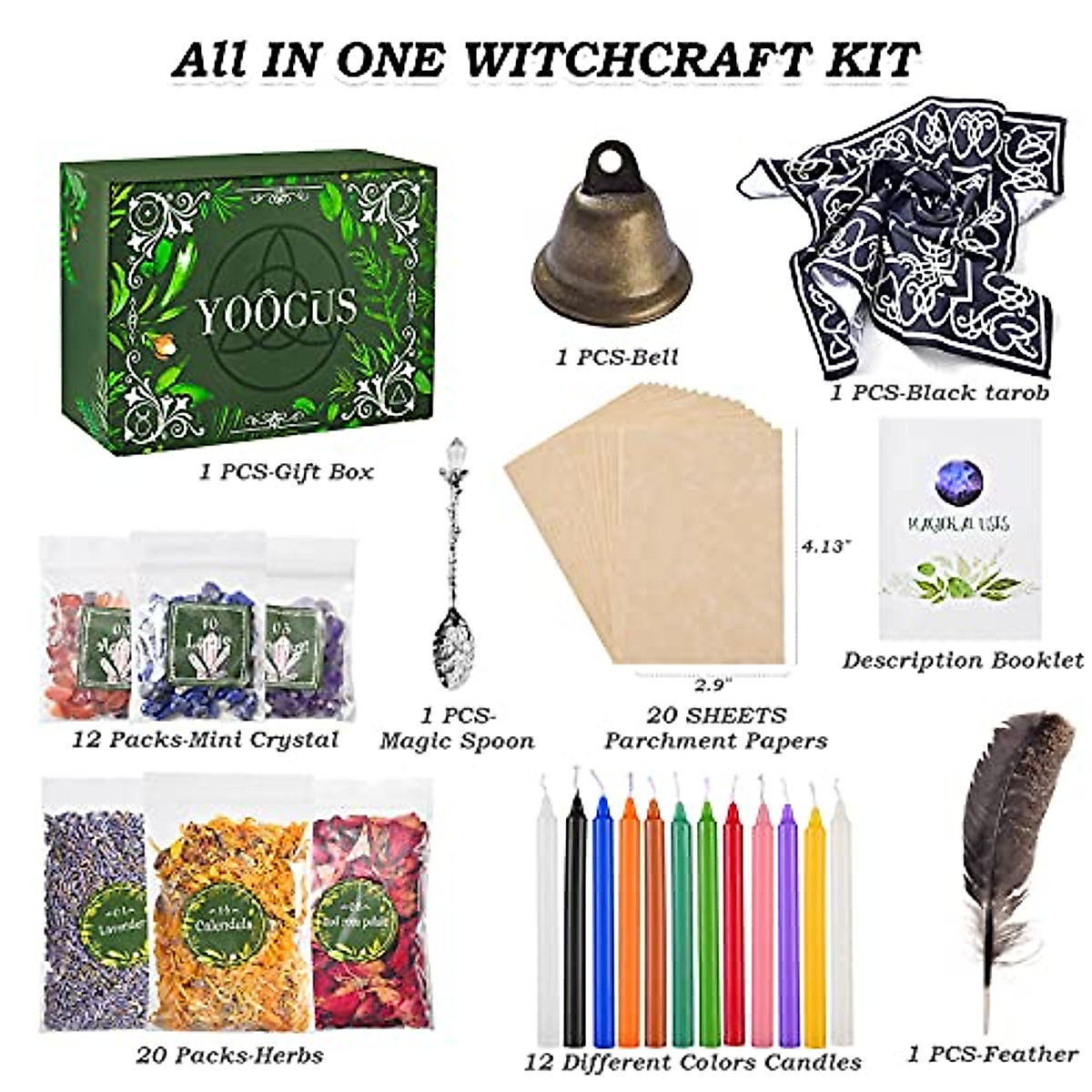 Witchcraft Supplies Kit for Wiccan Spells 69 Packs of Dried Herbs Healing Crystals and Colored Magic Spiritual Candles Parchments for Beginners Experienced Witches Pagan Spell Witchy Gifts Altar