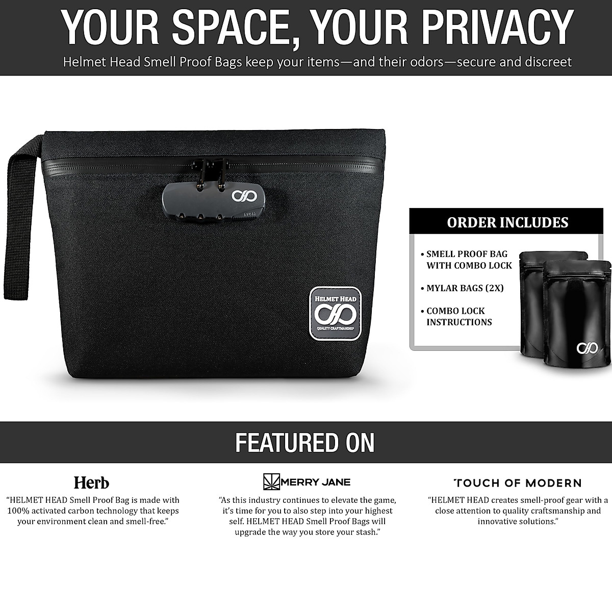 HELMET HEAD Smell Proof Bag with Combination Lock, Durable Water Repellent Odorless Stash Bag Comes With Mylar Bags and Inside Pouches For Your Herbs and Smelly Accessories (Black)