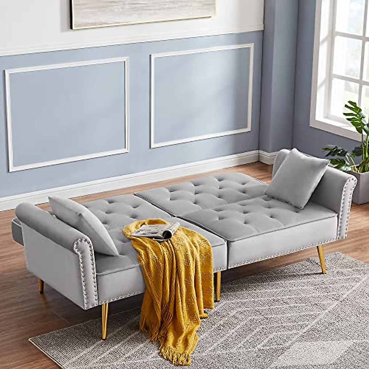 Kakotito Tufted Velvet Sofa Bed Sleeper with 2 Pillows, Luxury Loveseat Couch, Splitback Futon for Living Room & Office, Convertible Futon with Vintage Nailhead Trim and Metal Legs (Gray)