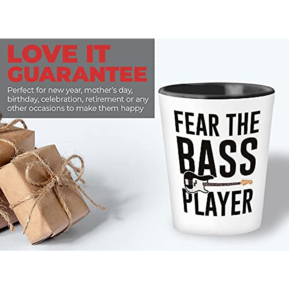 Bubble Hugs Music Shot Glass 1.5 oz - Fear The Bass Player - Musician Guitar Bassist Band Artist Entertainer Composer Playing Song for Friend BFF