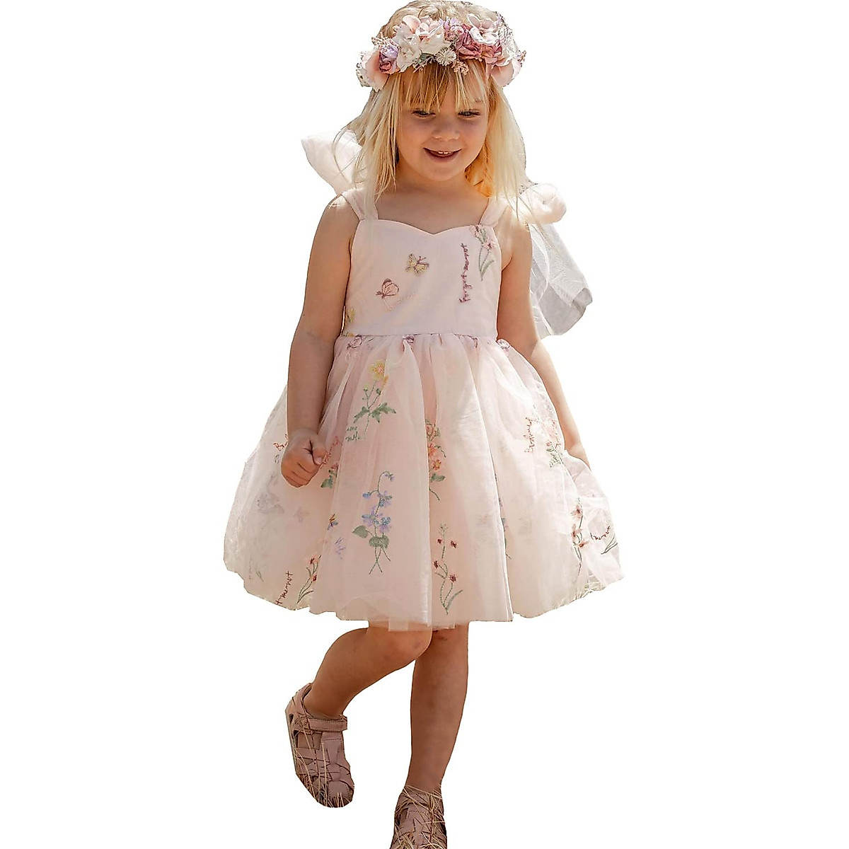 JISISANG Flower Girl Dresses for Wedding Toddler Short Floral Embroidered Tulle Bow-Knot Pageant Princess Boho Summer Swing Dress for Girls Kids Peach Pink 2