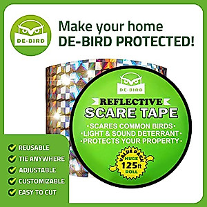 De-Bird Scare Tape - Reflective Tape Outdoor to Keep Away Woodpecker, Pigeon, Grackles, and More. Stops Damage, Roosting, and Mess (125ft Roll)