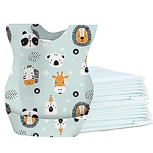 Cosermart Disposable Baby Bibs 50pcs Disposable Travel Feeding Bibs with Food Catcher, Waterproof Individual Packed Eating Bibs For Kids Toddler Infant(Animal)
