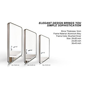 ATHETOP Contemporary Brushed Metal Wall Mirror | Brushed Silver Framed Rounded Corner Design | Hangs Horizontal or Vertical (30" x 40")