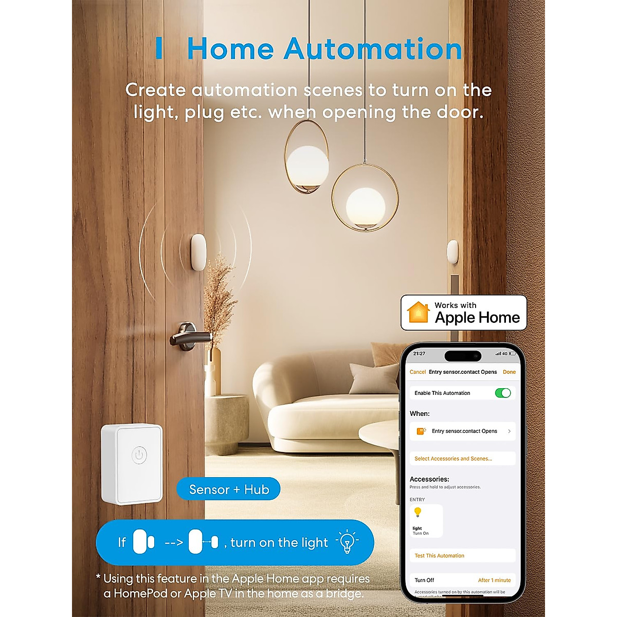 meross Smart WiFi Door & Window Sensor Kit, Support Apple HomeKit, Alexa, Google, SmartThings for Burglar Alert, 328ft Range, Home Automation, Security & Kid Safety, 2.4GHz WiFi, Meross Hub Included