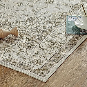 jinchan Washable Area Rug 8x10 Low Pile Living Room Vintage Rug Stain Resistant Floral Medallion Distressed Carpet Ultra-Thin Non Slip Indoor Carpet for Kitchen Bedroom Dining Room Farmhouse Taupe