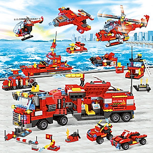 1432 Pieces City Fire Truck , Fire Rescue Helicopter , Fire Rescue Boat Building Blocks Set , 8+1 City Fire Mobile Command Center Truck , Fire Engine Gifts for Kids, Boys and Girls Ages 6-12