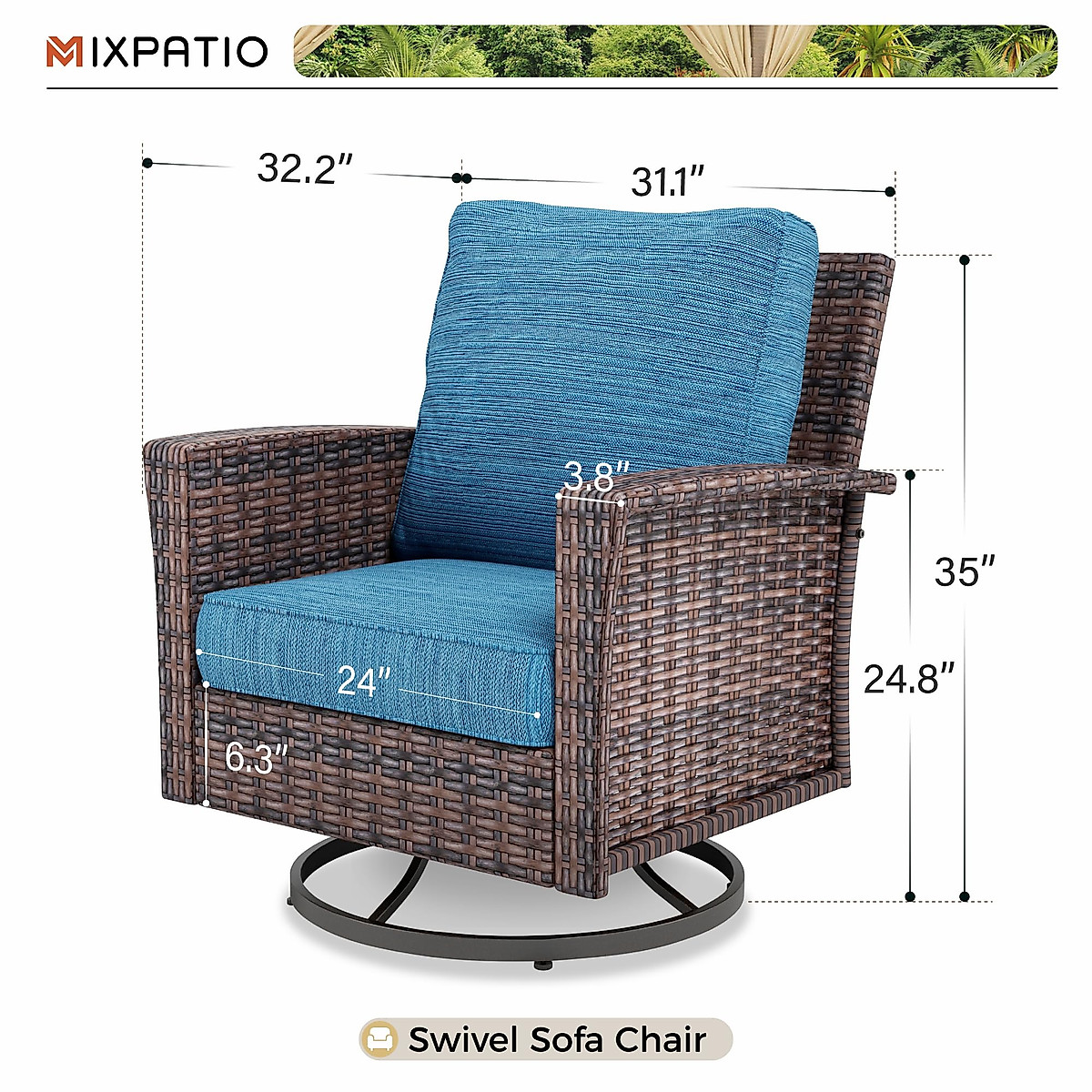 MIXPATIO Swivel Patio Wicker Chairs Set of 2, Outdoor Swivel Patio Rattan Chairs with High Back and 5.5" Thick Cushions for Bistro Balcony Porch Deck and Yard, Peacock Blue
