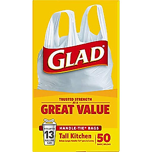 GLAD Tall Kitchen Trash Bags, 13 Gallon Handle Tie Trash Big for Kitchen, Unscented, 50 Count (Pack of 4)