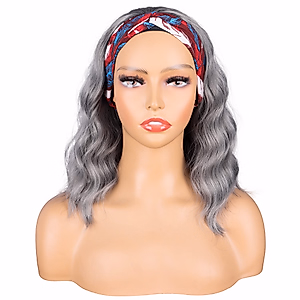 SYMEIW Silver Grey Wavy Headband Wig For Black Women Curly Half Wigs With Headband Attached Synthetic Wrap Wigs Turban Wigs For Women(Gray)…