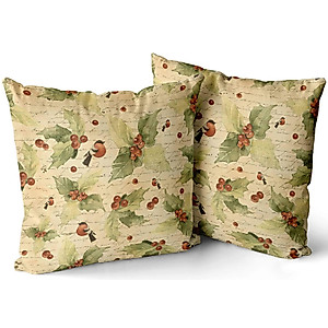 LEKAIHUAI Home Decoration Throw Pillow Covers Christmas Watercolor Holly Berries and Bullfinch Pillowcases Square Two Sides Print 22x22 Inches Set of 2