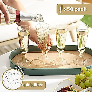 MATANA 50 Gold Glitter Plastic Champagne Flutes 5oz Clear Plastic Toasting Glasses, Mimosa Glasses, Cocktail Cups, Champagne Glasses - Wedding Anniversary Garden Barbecue Parties, Reusable, Recyclable