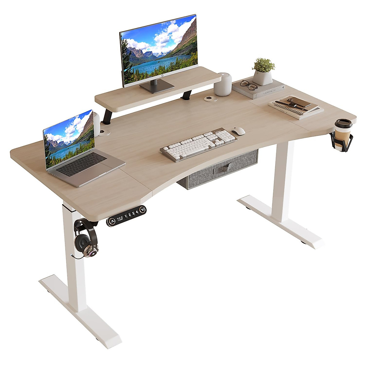 Jceet 63x30 Inches Dual Motor Electric Standing Desk with Drawer, Adjustable Height Sit Stand Up Desk with Storage Shelf, Home Office Desk Computer Workstation with Pale Pearwood Top/White Frame