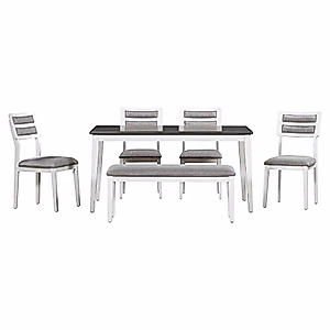 ERYE FANYE Classic Wooden 6-Piece Upholstered Dining Furniture Sets Include 1 Table, 4 Chairs with Soft Cushions and Padded Bench for Home Apartment Kitchen & Dining Room,White+Gray