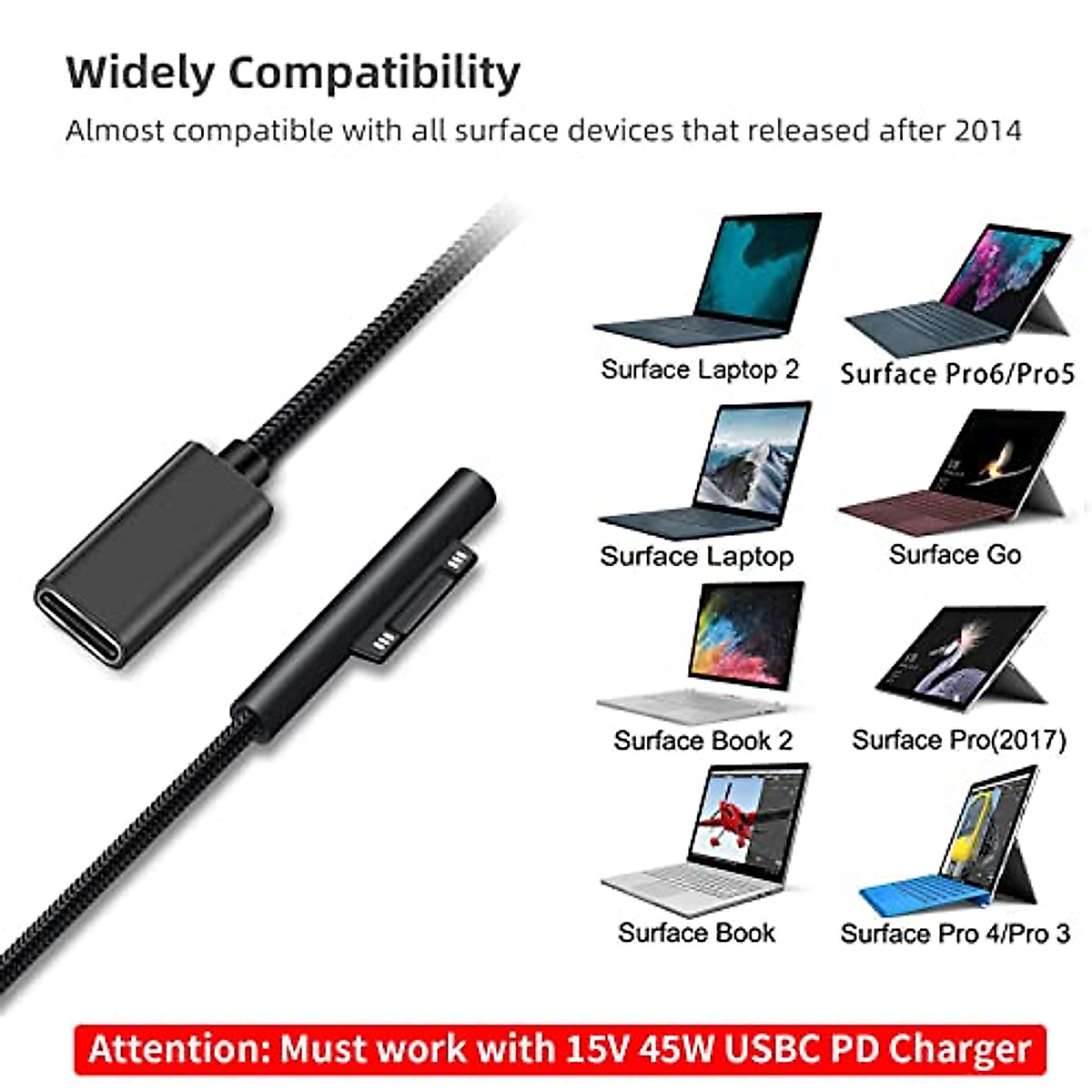 Sisyphy Nylon Braided Surface Connect to USB-C Charging Cable Compatible for Microsoft Surface Pro7 Go2 Pro6 5/4/3 Surface Laptop Book,Works with 45W 15V3A USBC Charger and 3A USBC Cable - 0.2 Meters