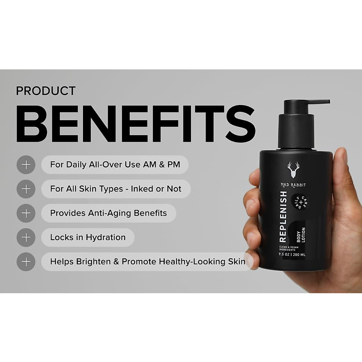 Mad Rabbit Replenish Tattoo Body Lotion - Fragrance-Free Lotion, Non-Greasy & Silicone-Free, Clean Ingredients, Lightweight for Daily Use (9.5 Ounce)