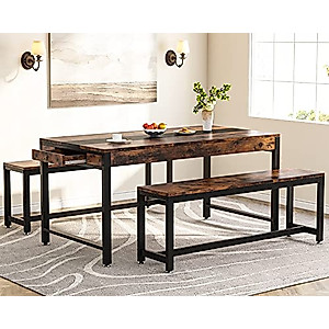 Tribesigns 63 Inch Large Dining Table Set for 4 to 6, Kitchen Breakfast Table with 2 Benches & Sided Drawer, 3-Piece Modern Industrial Bar Table Furniture for Dining Room, Rustic Brown & Black